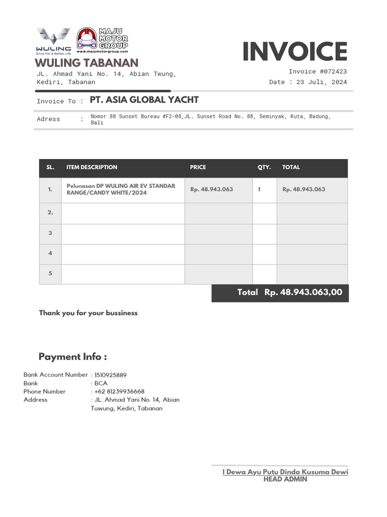Invoice To Pt. Asia Global Yacht | PDF