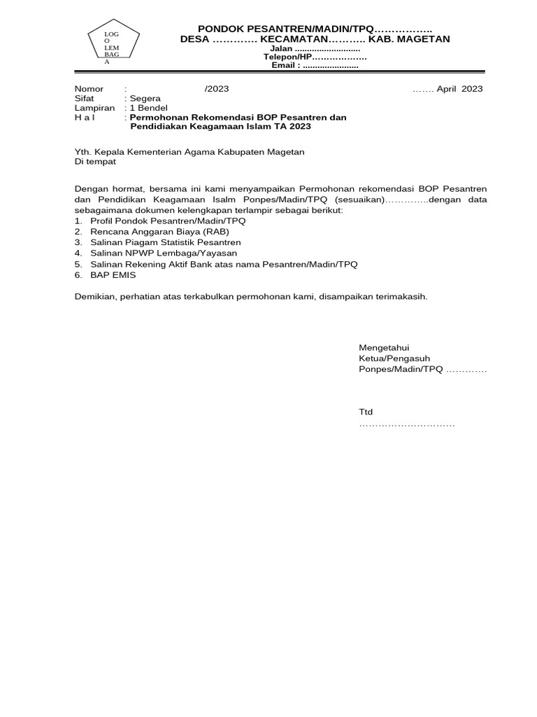 Surat Permohonan Rekom Bop | PDF