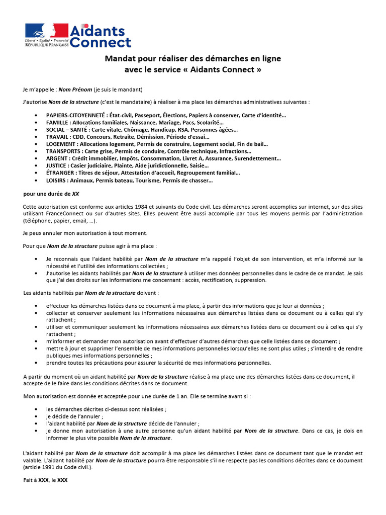 Exemple de mandat Aidants Connect_french | PDF