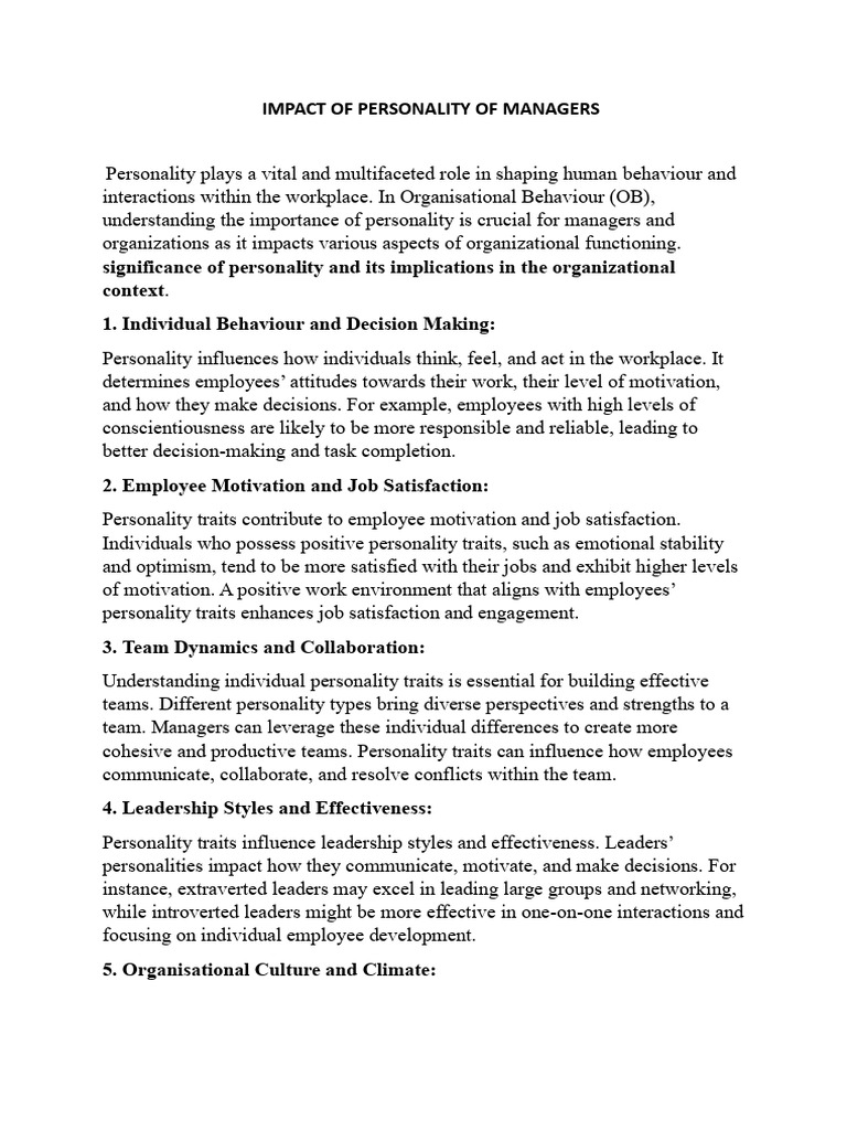 Impact of Personality of Managers | PDF | Organizational Culture | Job ...