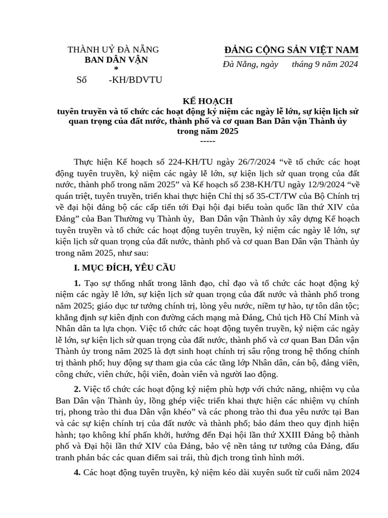 KH - Tuyen Truyen Va To Chuc Ky Niem Ngay Le Lon 2025 - Ban Trinh | PDF