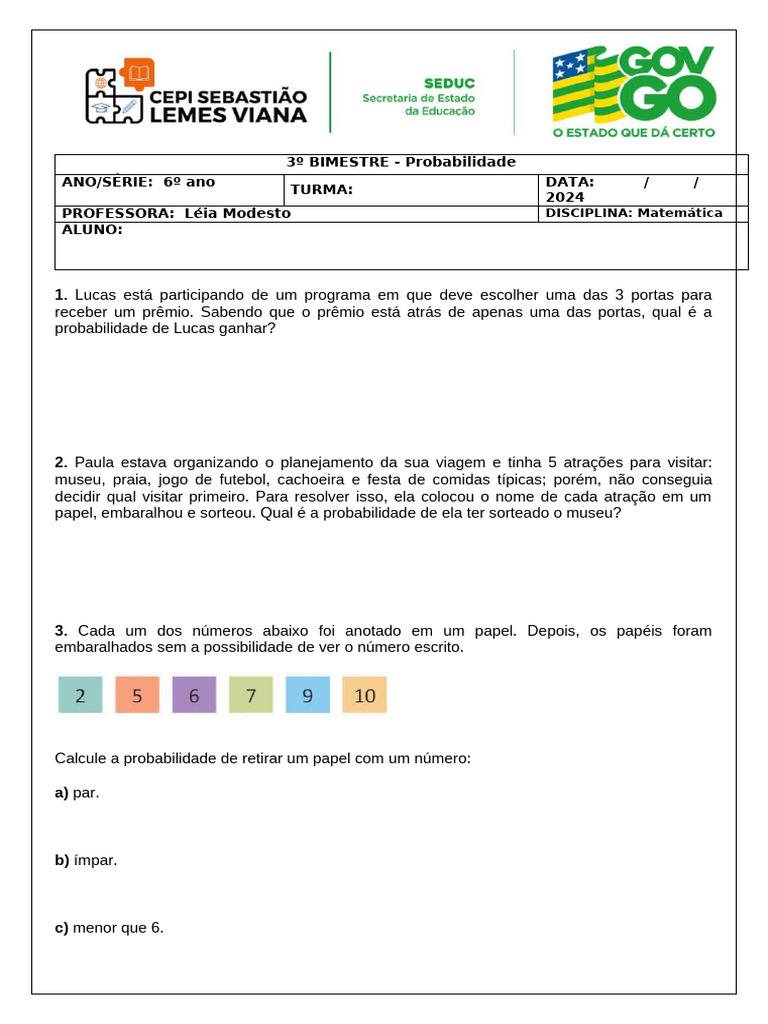 6º Ano - Probabilidade | PDF | Jogos e Atividades