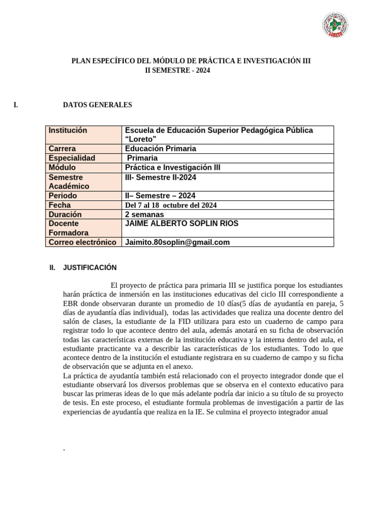 Modelo de ESQUEMA PLAN ESPECIFICO-II-SEMESTRE-2024 Jaime Soplin | PDF