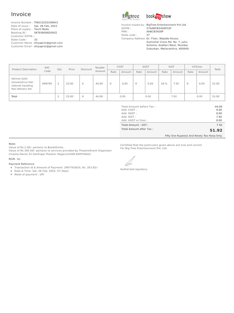 Invoice from BigTree Entertainment Pvt Ltd | PDF | Invoice | Money