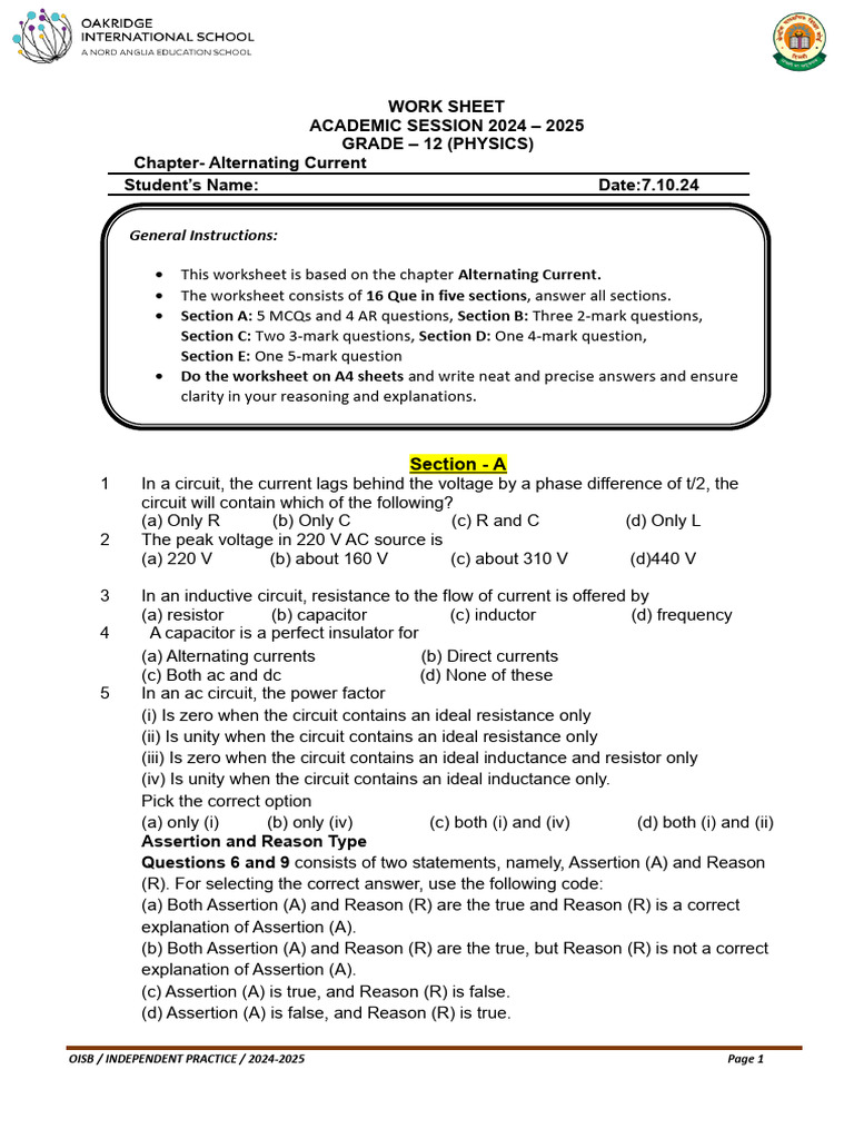 Grade Xii - Physics - Alternating Current - WS - 2024 - 25 | PDF