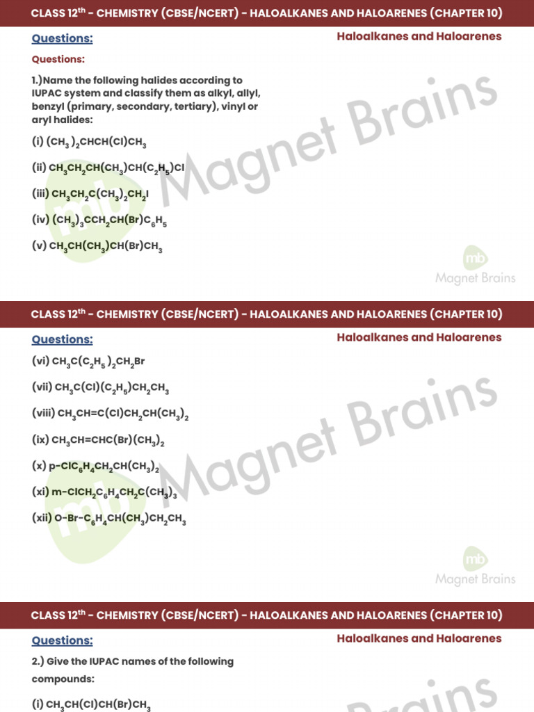 Class 12th - Unit - Haloalkanes and Haloarenes - Chemistry (NCERT Solution) | PDF