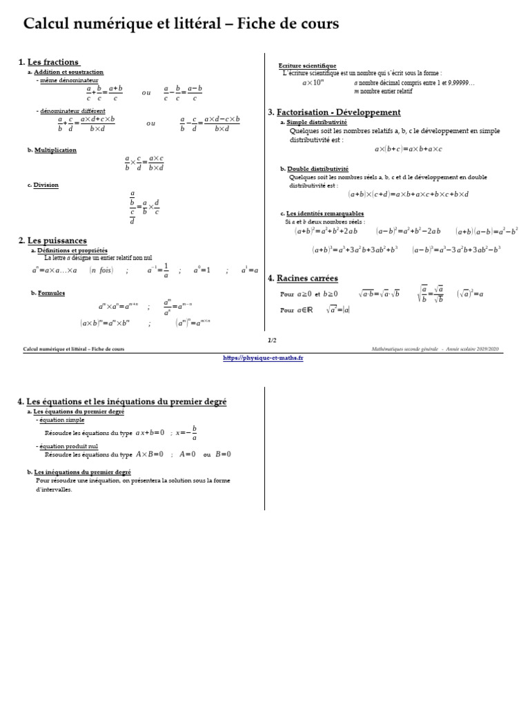 Calcul Litteral Fiche Cours | PDF