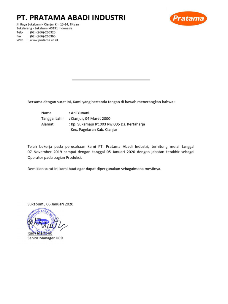 Paklaring Pratama Abadi Industri | PDF
