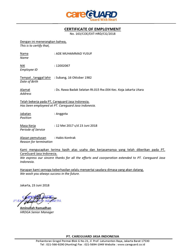 Paklaring Careguard Jasa Indonesia | PDF