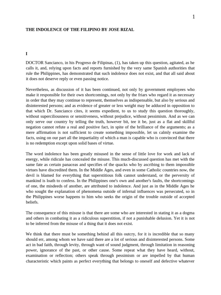 The Indolence of The Filipino | PDF