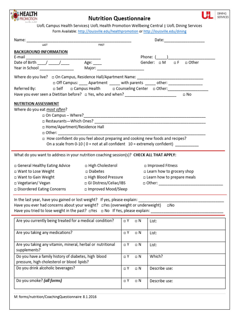 Printable Nutrition Questionnaire Template | PDF