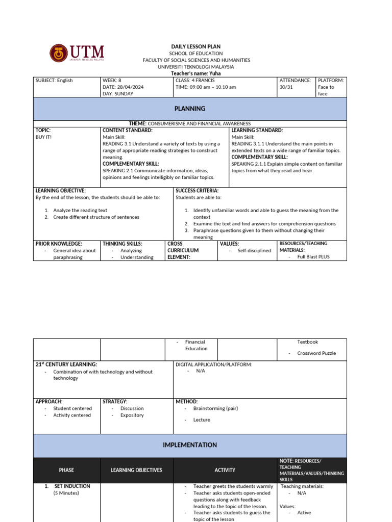 RPH F4 ENGLISH (4 Francis) - Sun | PDF