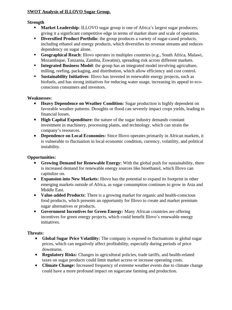SWOT Analysis of ILLOVO Sugar Group | PDF