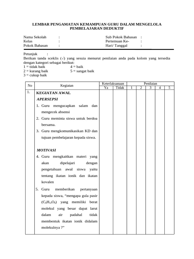 Lembar Pengamatan Guru | PDF