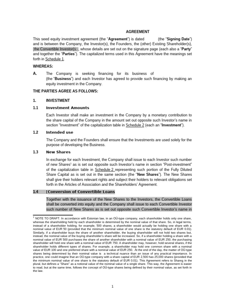 Seed Equity Investment Agreement | PDF