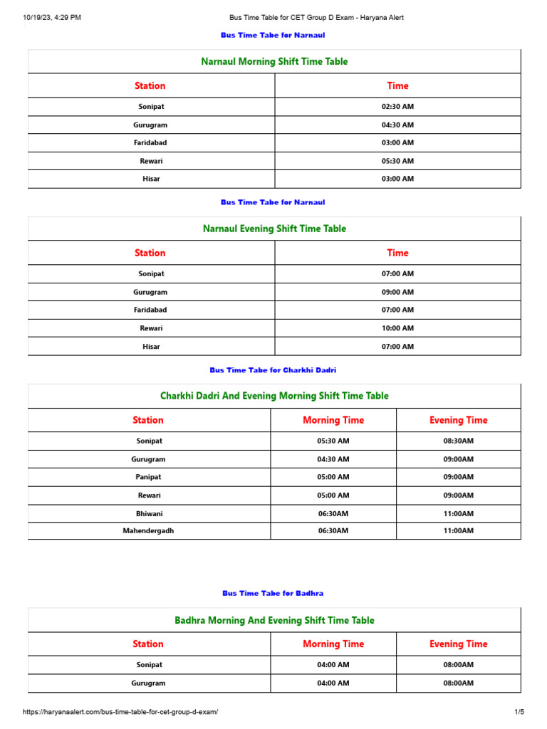 Bus Time Table For CET Group D Exam | PDF