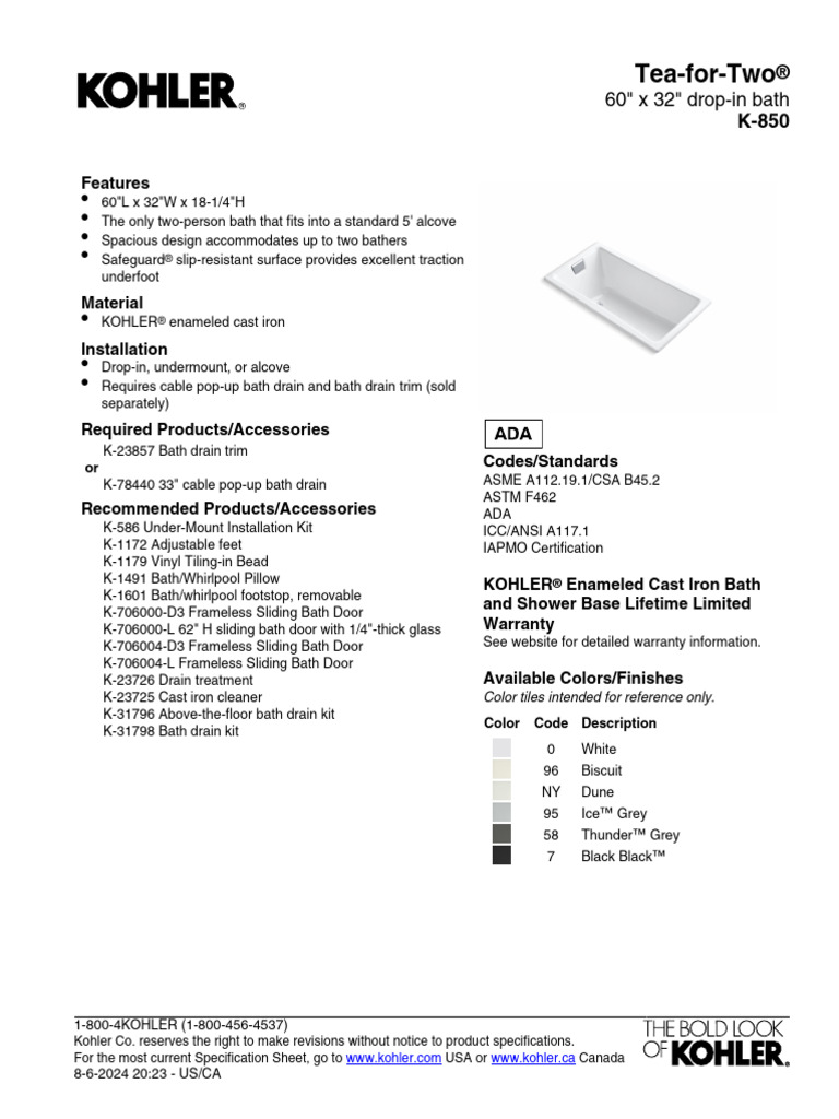 K-850 Spec US-CA Kohler en | PDF