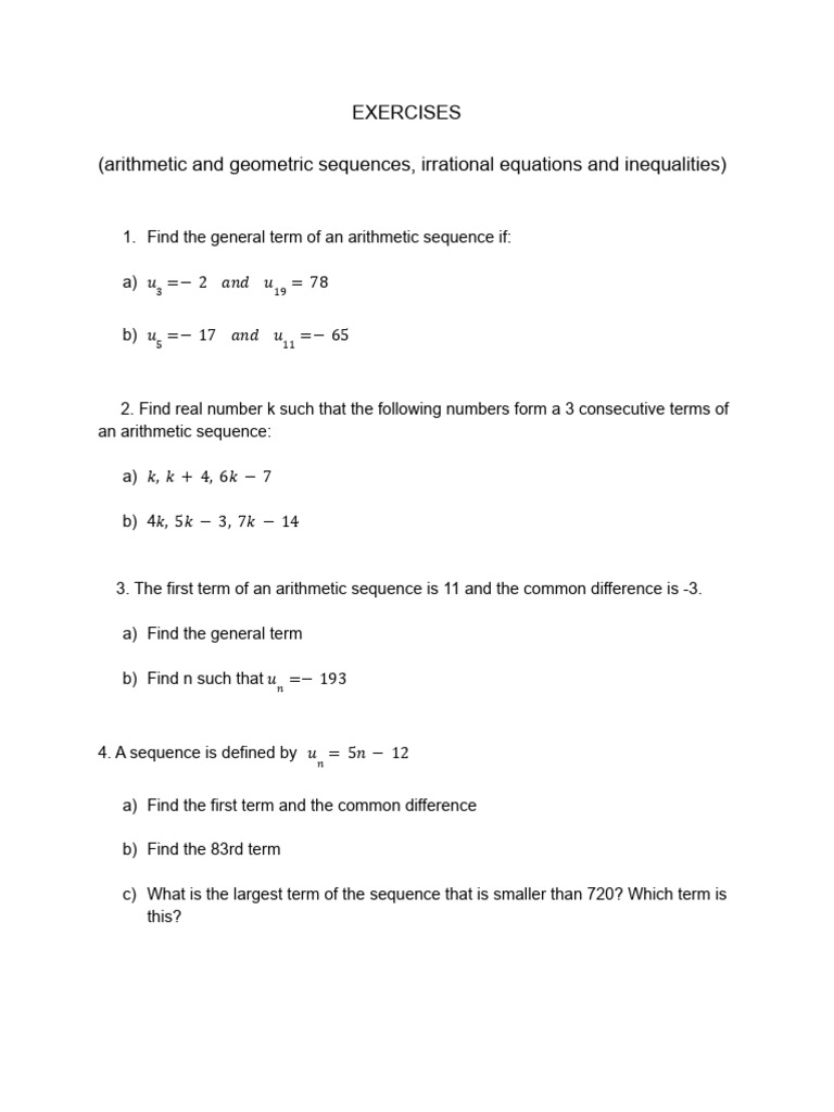 Exercises - Arith and Geo Seq and Irrational Eq and in | PDF
