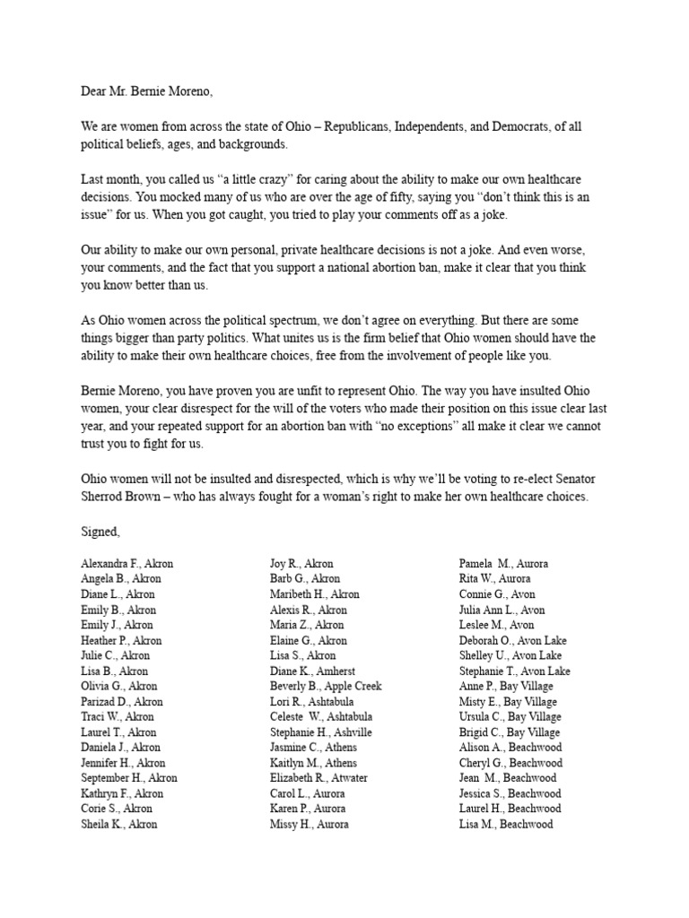 An Open Letter To U.S. Senate Candidate Bernie Moreno (R) | PDF ...