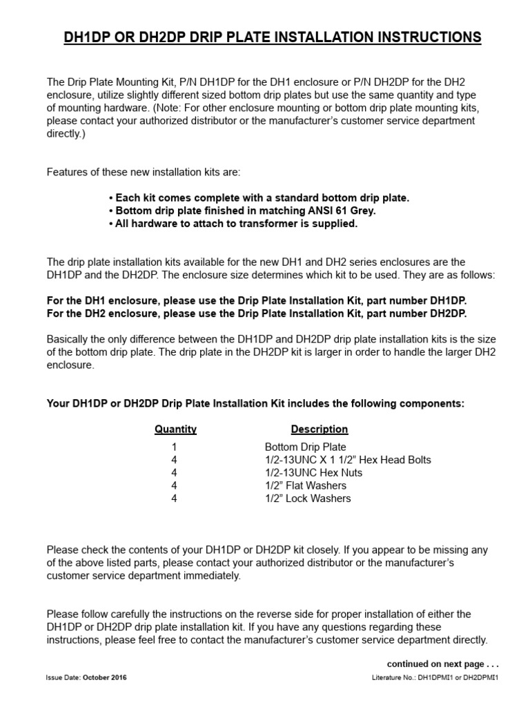 HPSDH1 DPand DH2 DPDrip Plate Kit Mounting Instructions DH1 DPMI1 or DH2 DPMI1 | PDF