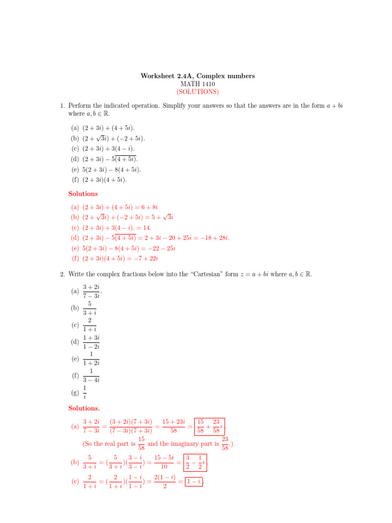 WS Soln 2 4A ComplexNumbers | PDF