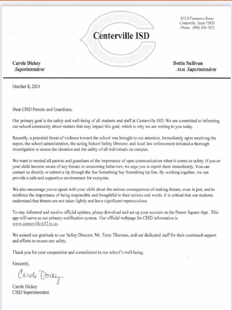 Centerville ISD Parent Memo | PDF