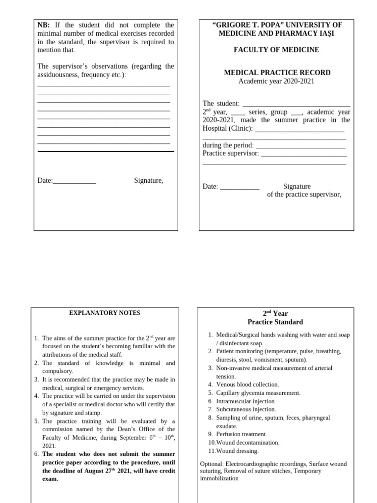 Fisa Practica de Vara Medicina, Lb. Engleza, An 2 2020-2021 | PDF