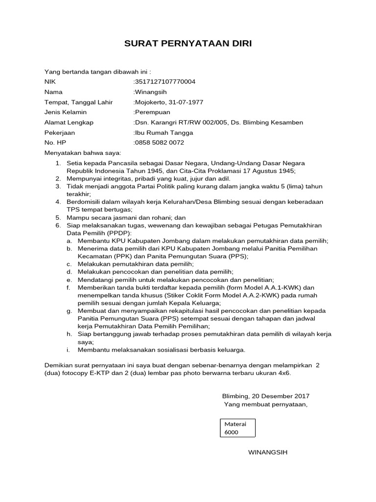 Contoh Surat Pernyataan PPDP Mbak Win | PDF