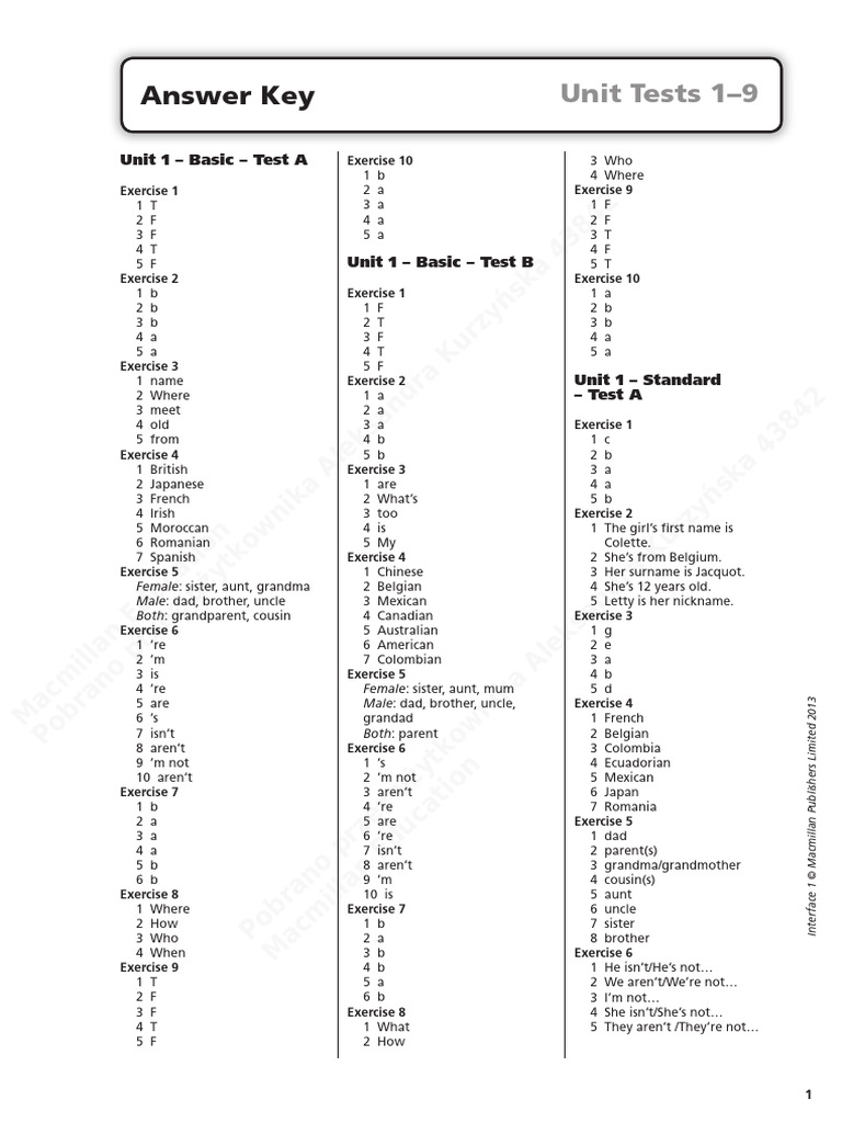 Answer Key Unit Tests 1-9 | PDF