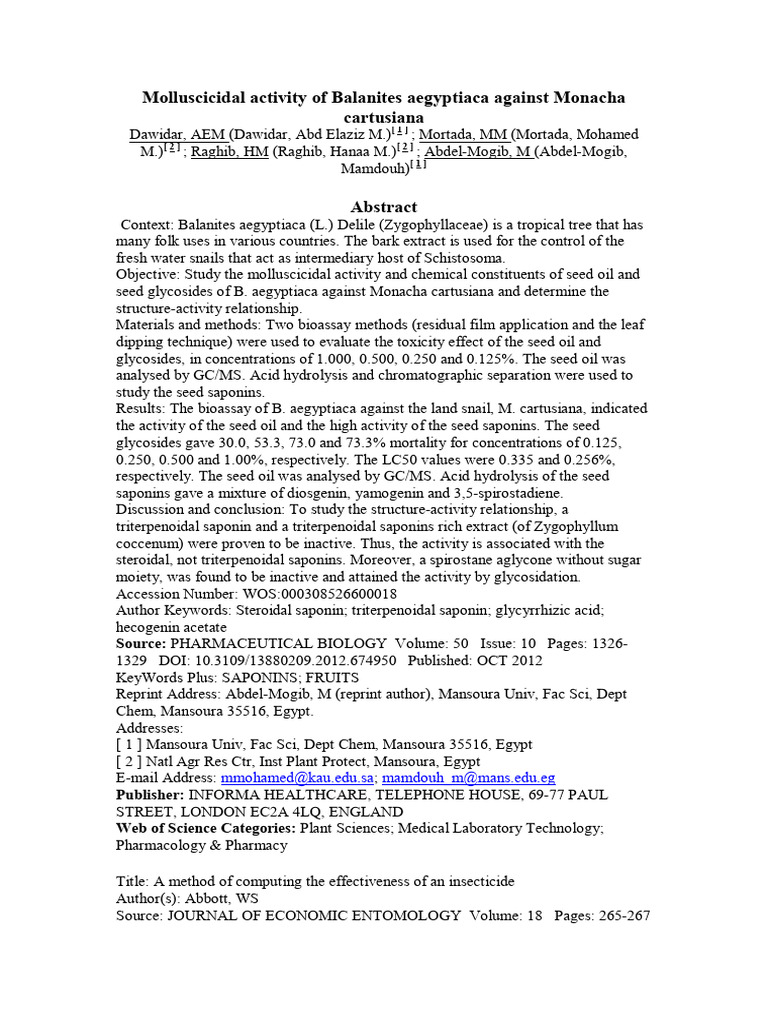 Molluscicidal Activity of Balanites Aegyptiaca | PDF