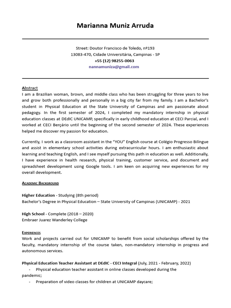 Curriculum, Marianna Muniz Arruda | PDF