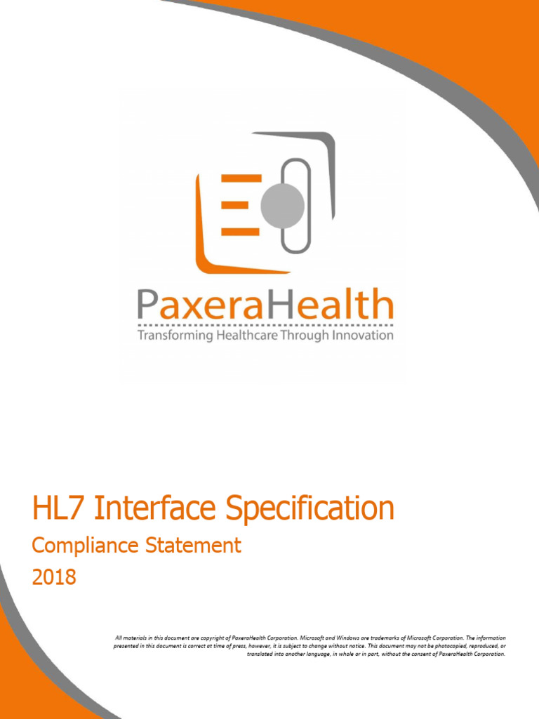 PaxeraHealth - HL7 Interface Specification Compliance Sheet 2018 | PDF