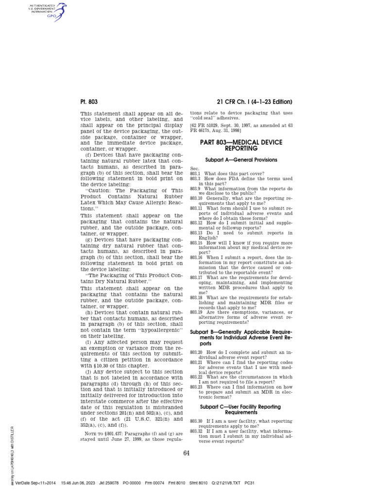 CFR 2023 Title21 Vol8 Part803 | PDF