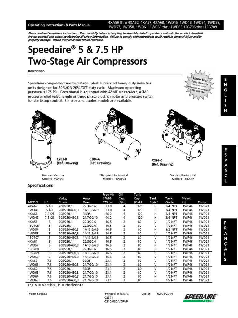 Speedaire 5 and 7.5 HP 2 Stage Electric Air Compressor Owners Manual | PDF