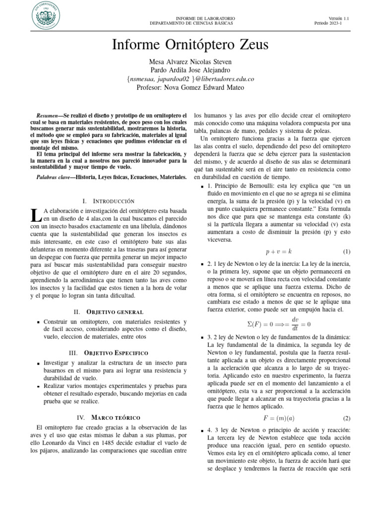 Ornitoptero | PDF | Fuerza | Las leyes del movimiento de Newton
