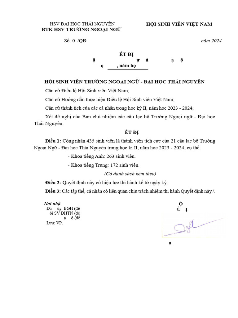 QĐ Công Nhận Thành Viên Tích Cực CLB HKII 2023-2024 | PDF