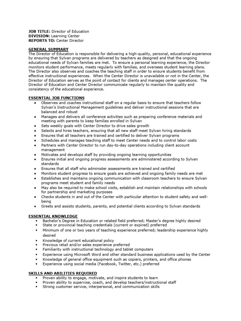 Director of Education Job Description | PDF