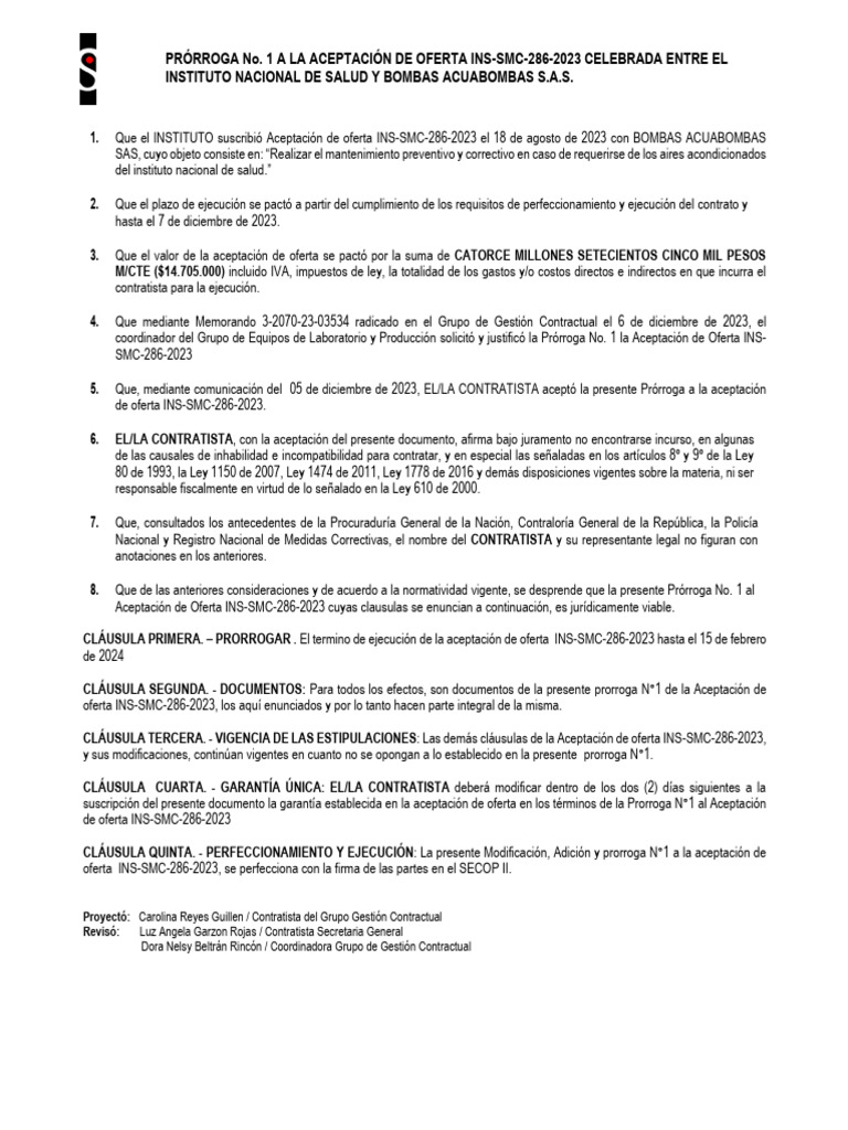 Minuta Prorroga No.1 INS-SMC-286-2023 BOMBAS ACUABOMBAS SAS | PDF