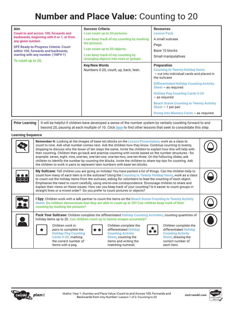 Lesson Plan - Counting To 20 | PDF