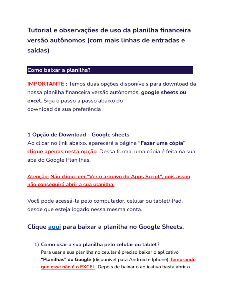 Planilha Financeira Versao Autonomos Donwload Tutorial Completo | PDF