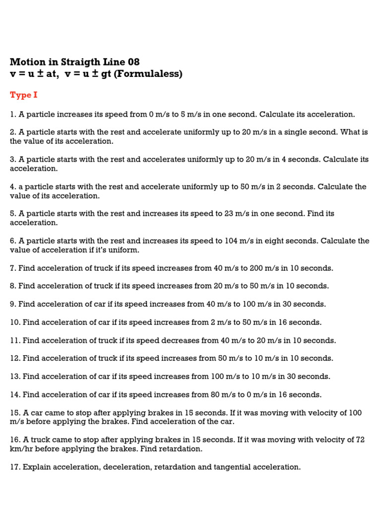 MISL 08 Uniform V U At, V U GT (Formulaless) | PDF | Acceleration | Motion (Physics)