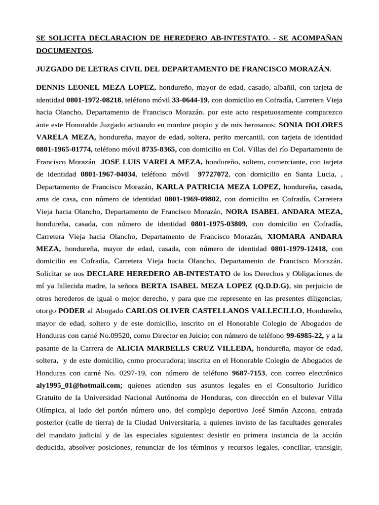 DECLARACION DE HEREDERO AB DENNIS MEZA (Alicia) | PDF | Honduras | Derecho