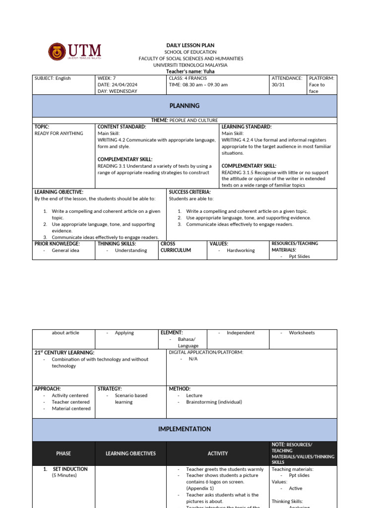 RPH F4 ENGLISH (4 Francis) - Wed | PDF