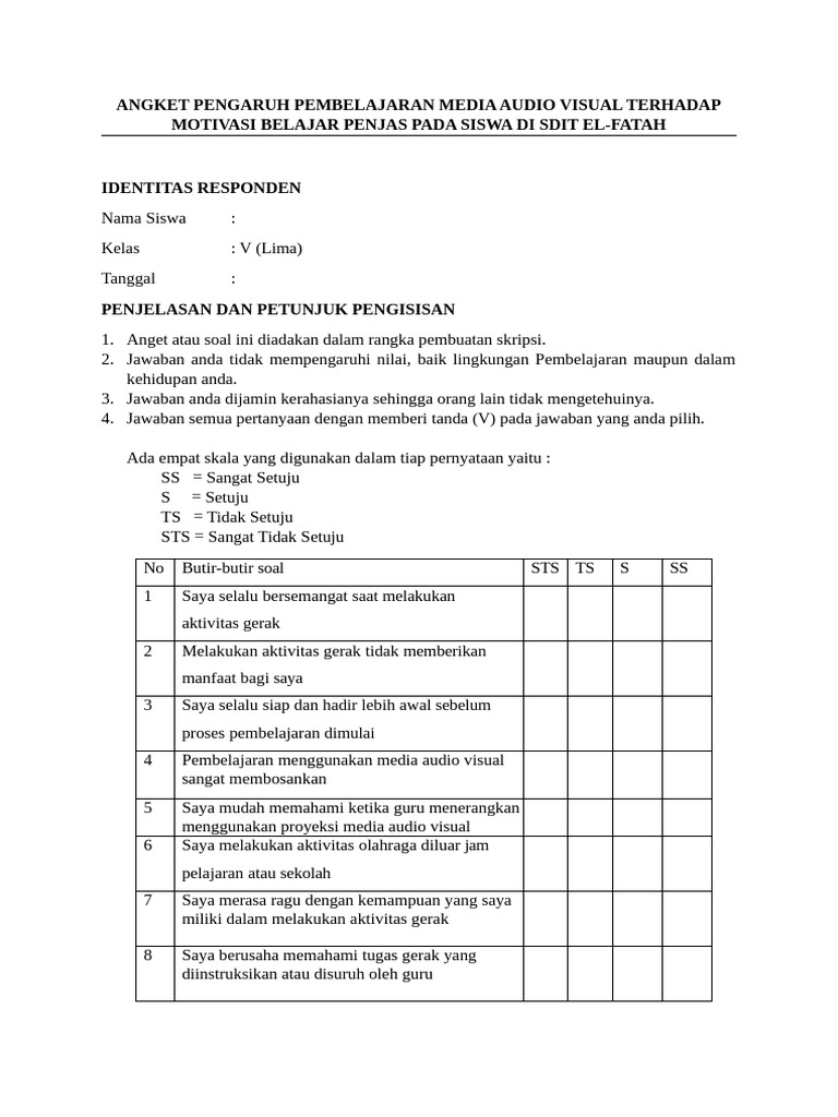 Angket Pengaruh Pembelajaran Media Audio Visual Terhadap Motivasi ...