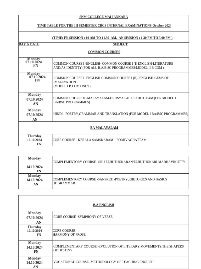 SNM College III Semester Exam Schedule | PDF | Mathematics | Foreign Language Studies
