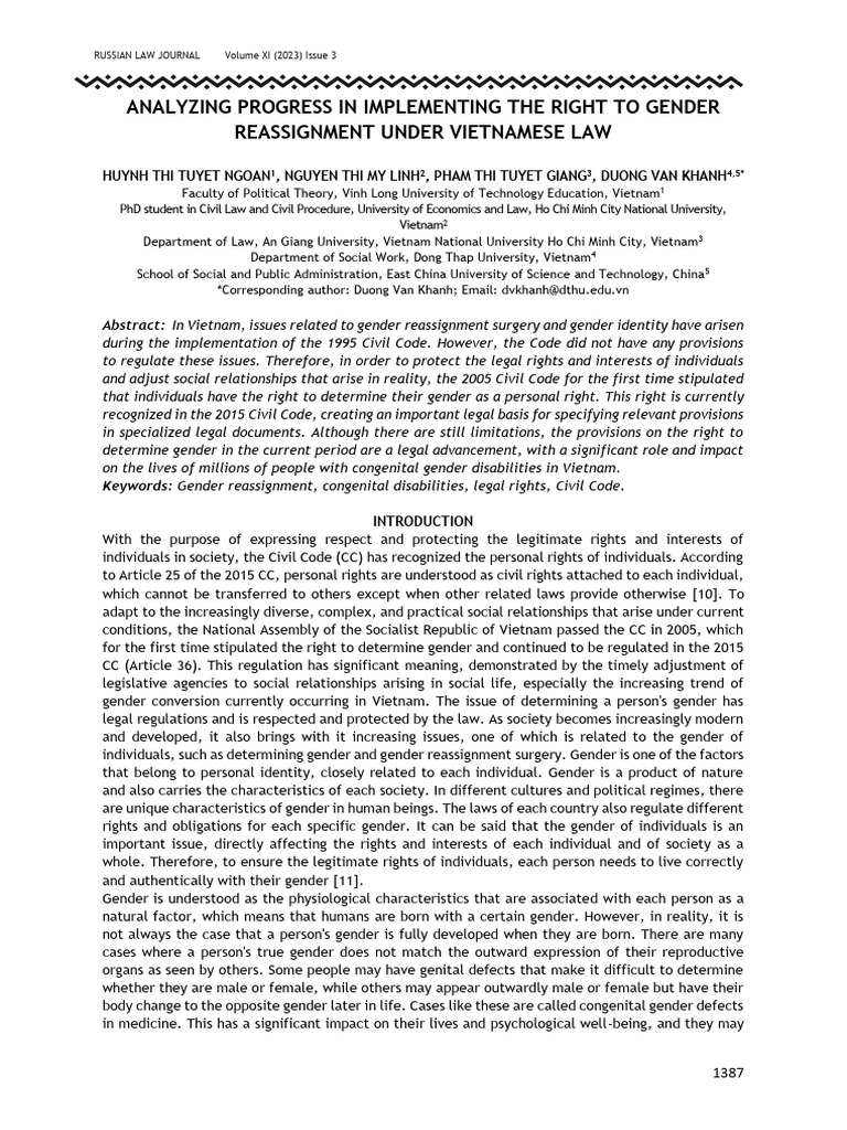 Analyzing Progress In Implementing The Right To Gender Reassignment Under Vietnamese Law Pdf