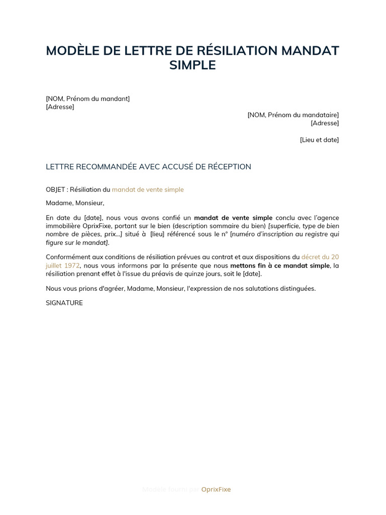 Modèle de Lettre de Résiliation Mandat Simple | PDF