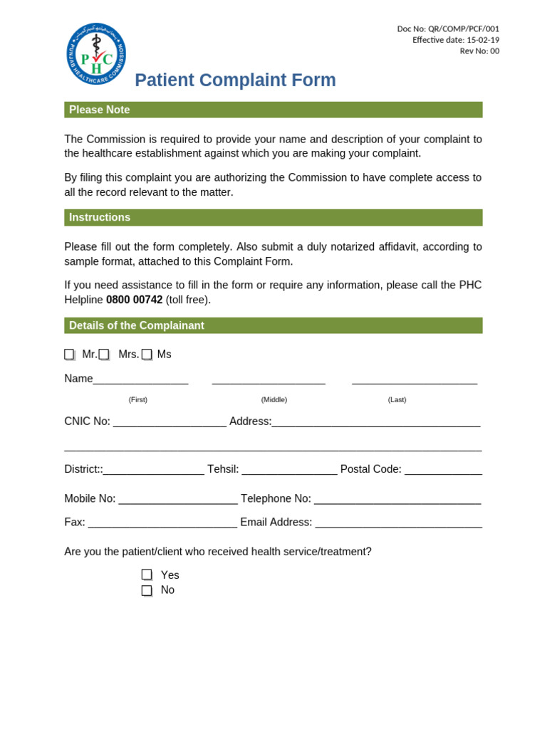 Patient Complaint Form | PDF | Affidavit | Complaint
