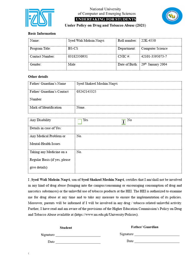 Drug Abuse Undertaking Form - Student Form | PDF