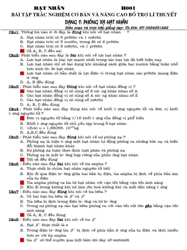 D NG 1: Phãng X H T NH©N: B I Tëp TR C Nghiöm C B N V N©NG Cao Bæ Trî Lý Thuyõt | PDF